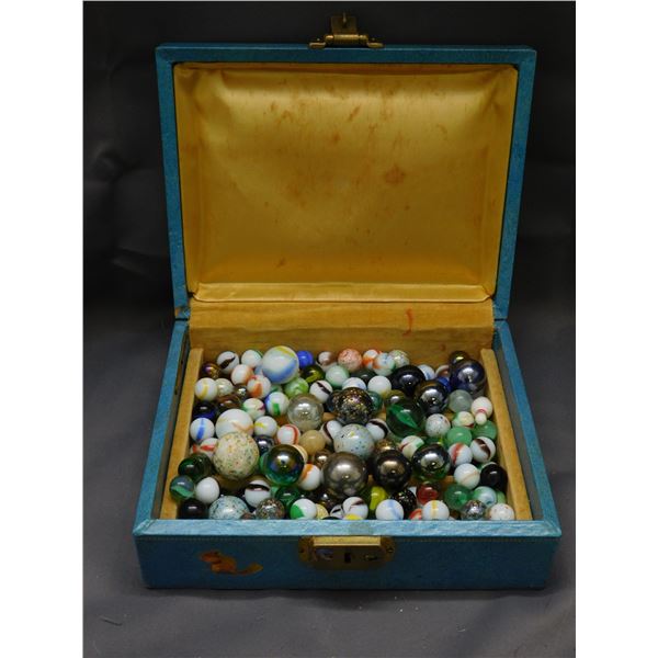Wooden Trinket Box FULL of Vintage Marbles, Cat Eyes, Etc