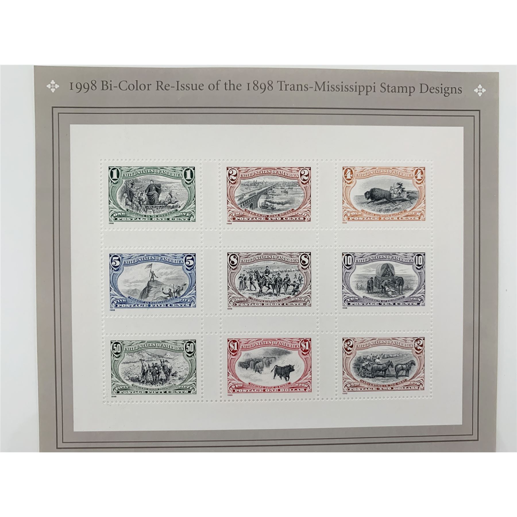 USPS Bi-Color Re-Issue of 1898 Trans Mississippi Sheet of Nine Stamps