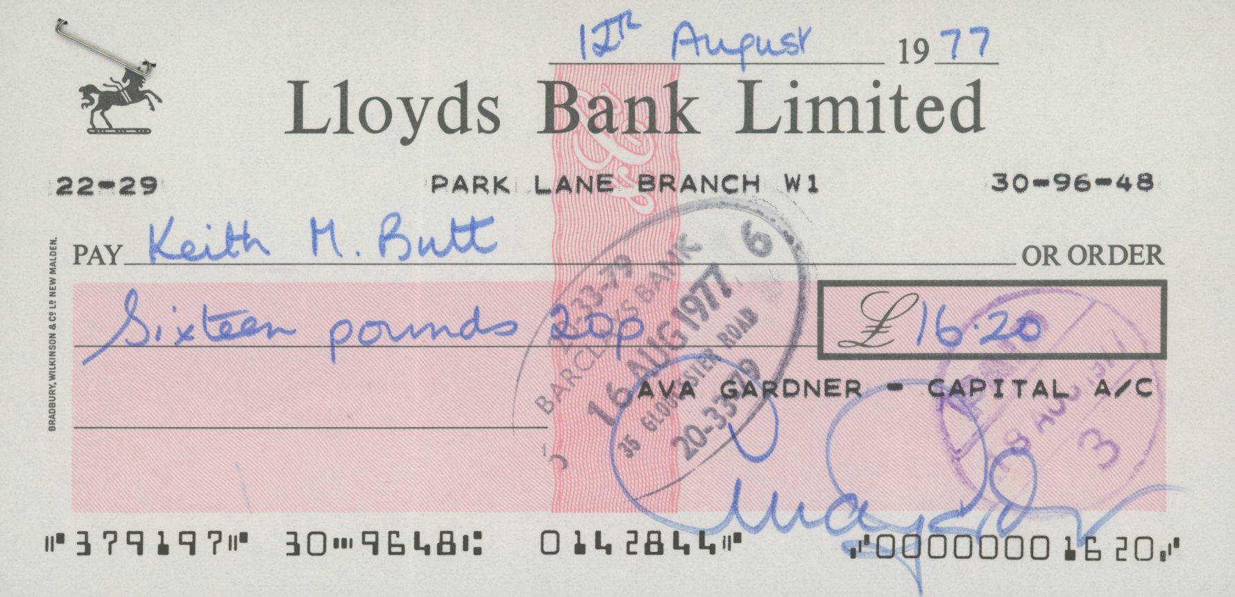 Ava Gardner signed check