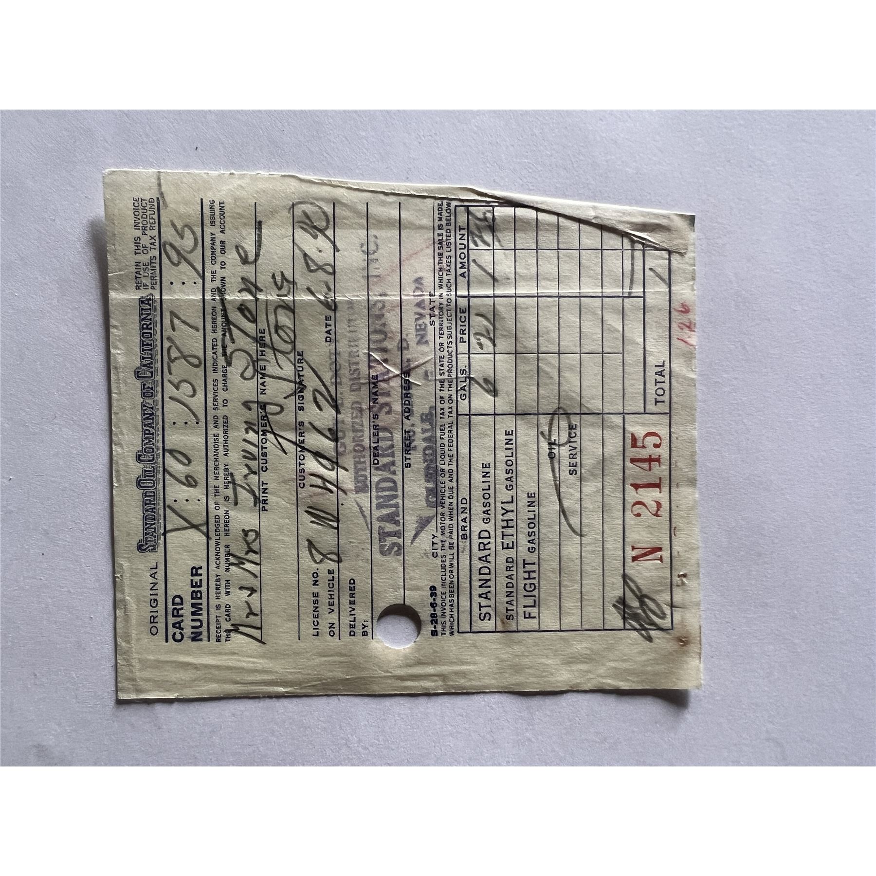 Irving Stone signed gas receipt