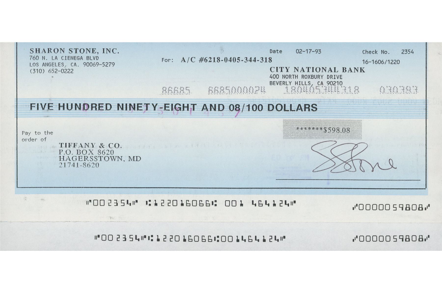 Sharon Stone signed check