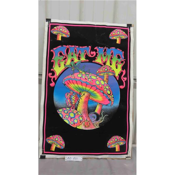 Vintage Eat Me Mushroom Black Light Poster Fuzzy 23 X 35