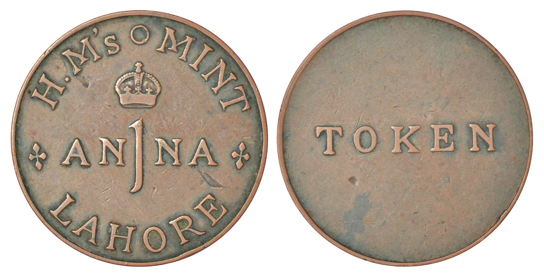 Tokens: Mint token, bronze 1 anna, H.M. mint, Lahore, PR 174; ICT-100.2 ...