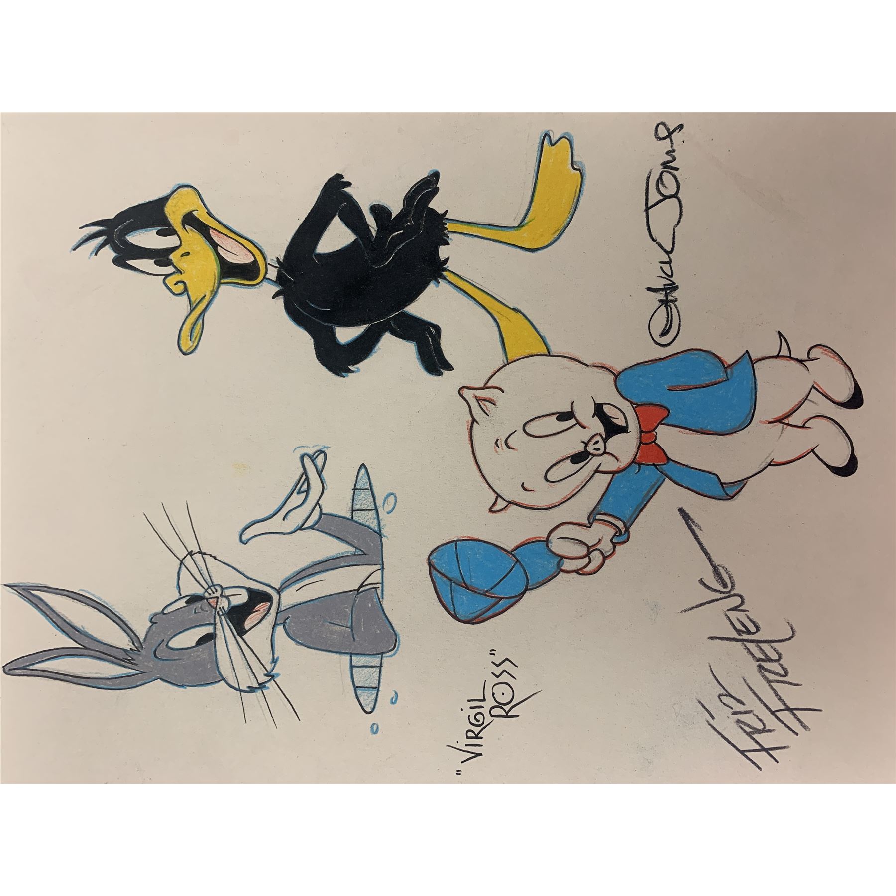 Looney Tunes Sketch signed by Virgil Ross, Chuck Jones and Friz Freleng