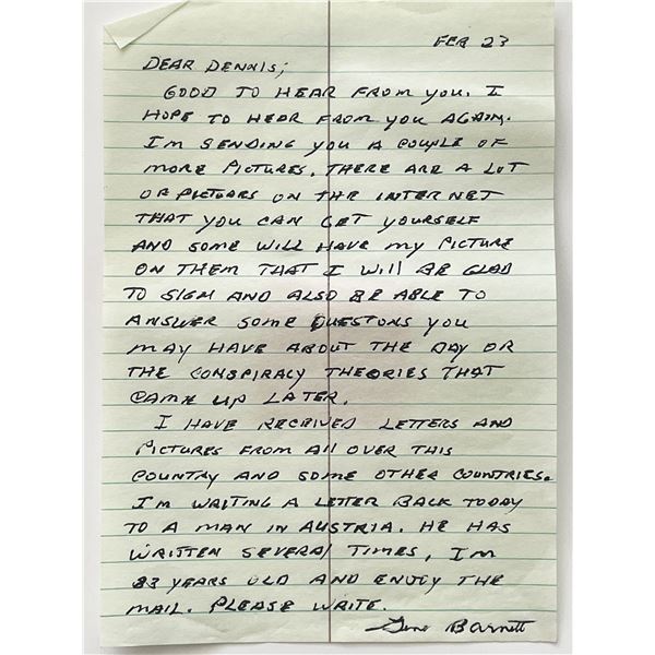 JFK Assassination Dallas Police officer Eugene Barnett signed letter