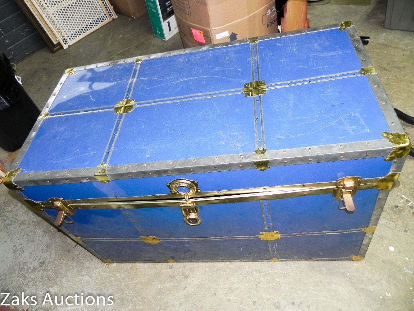 OLD BLUE CEDAR LINED STEAMER TRUNK WITH CONTENTS