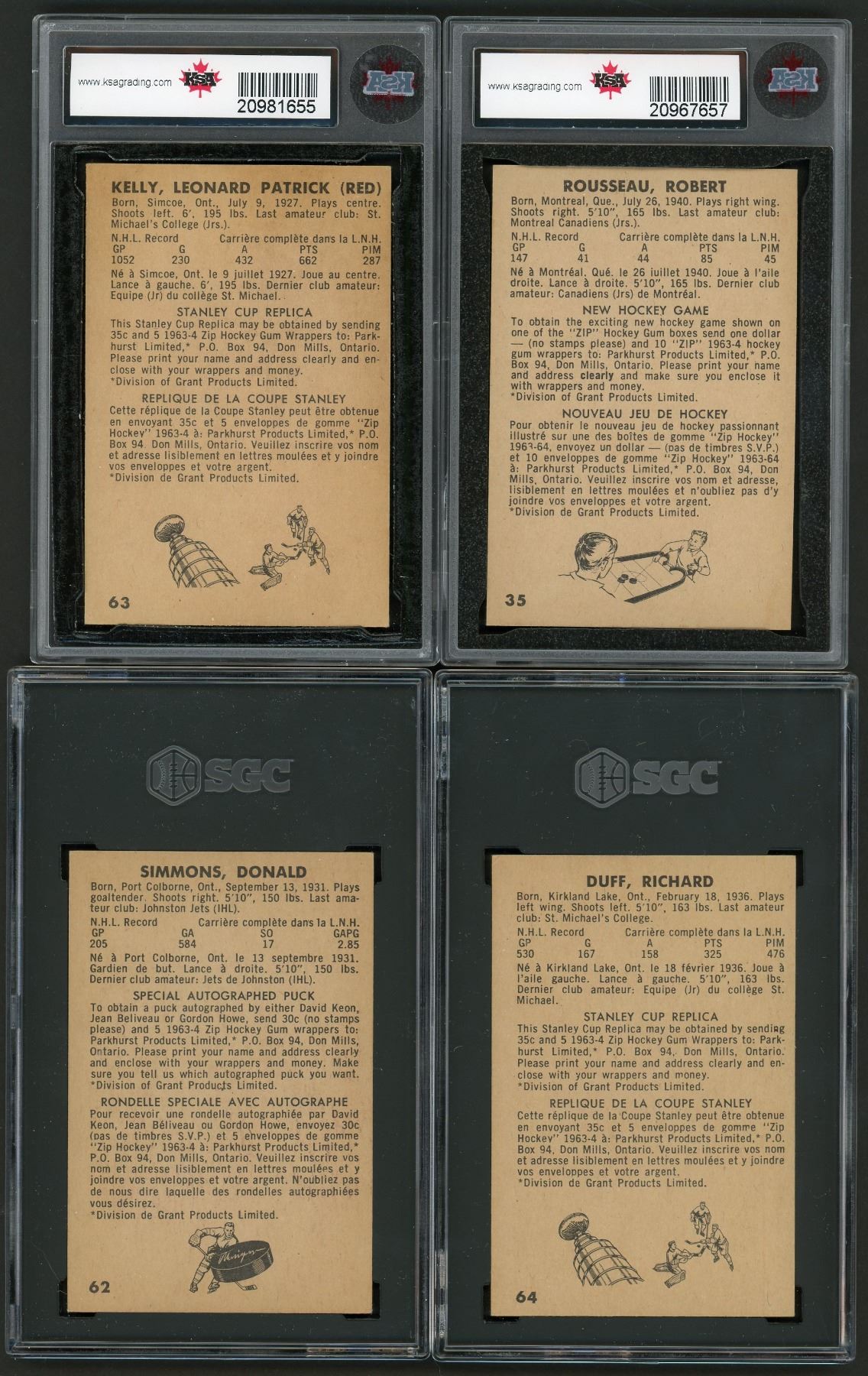 Lot of 4 x 1963-64 Parkhurst Hockey Cards (SGC/KSA)