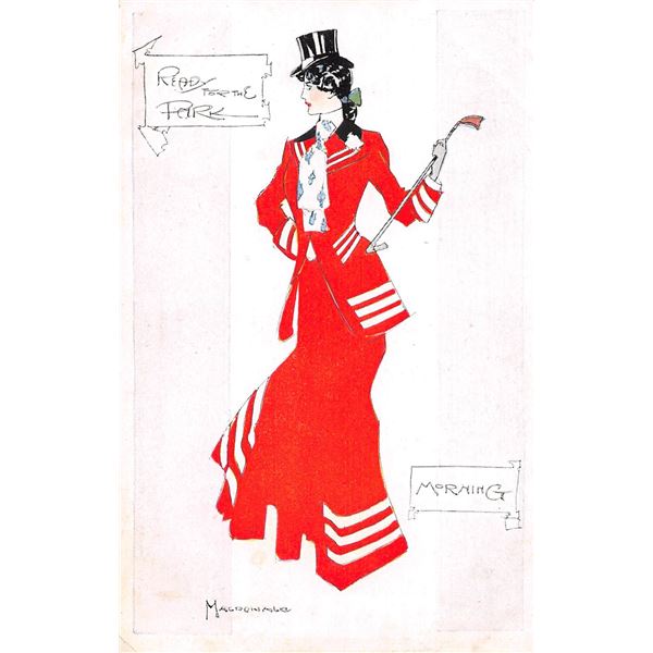 Signed Artist Woman In Red Ready For The Park Morning Postcard