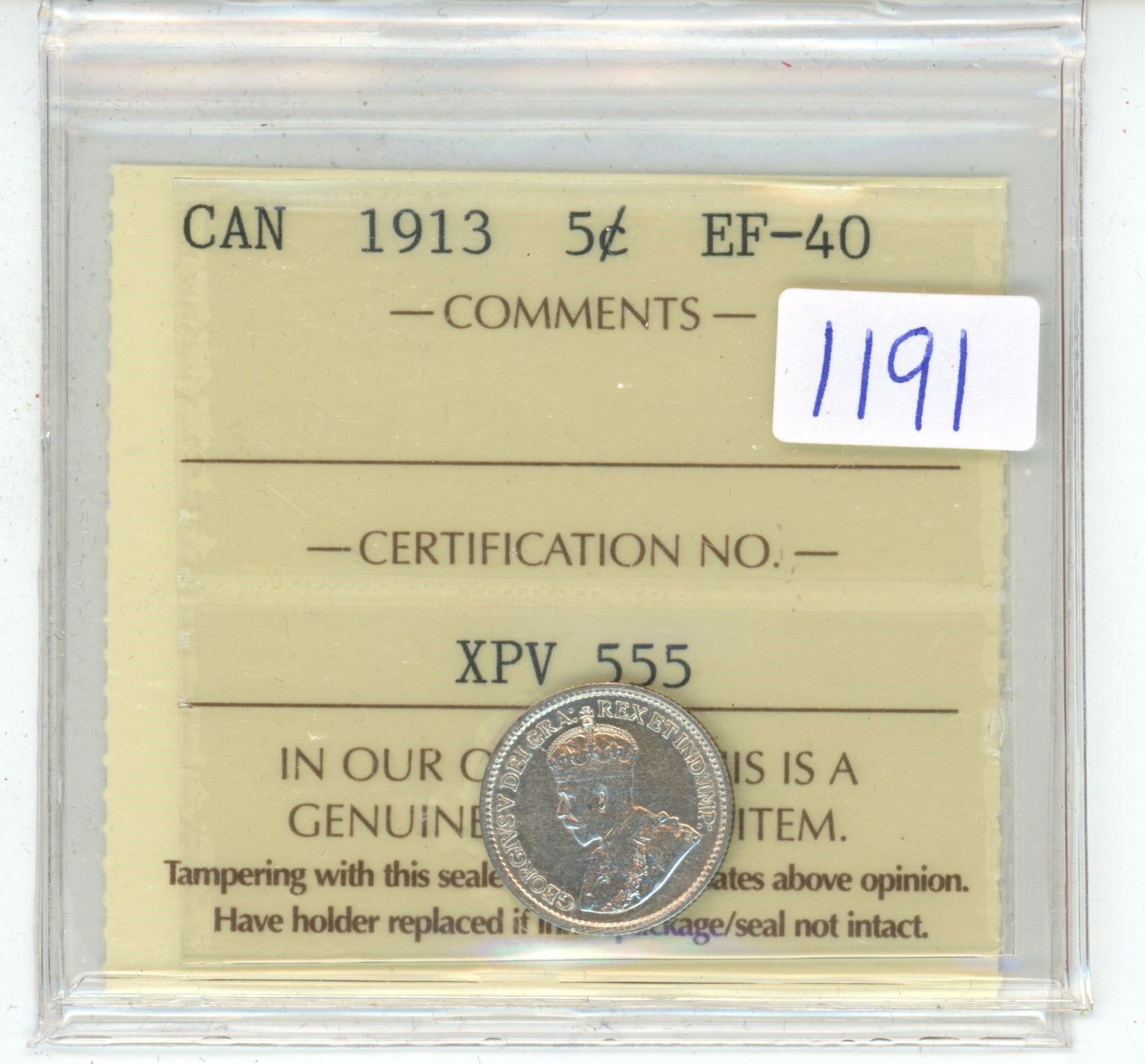 1913 ICCS Graded, Canadian 5 cent silver coin -EF40 - Schmalz Auctions