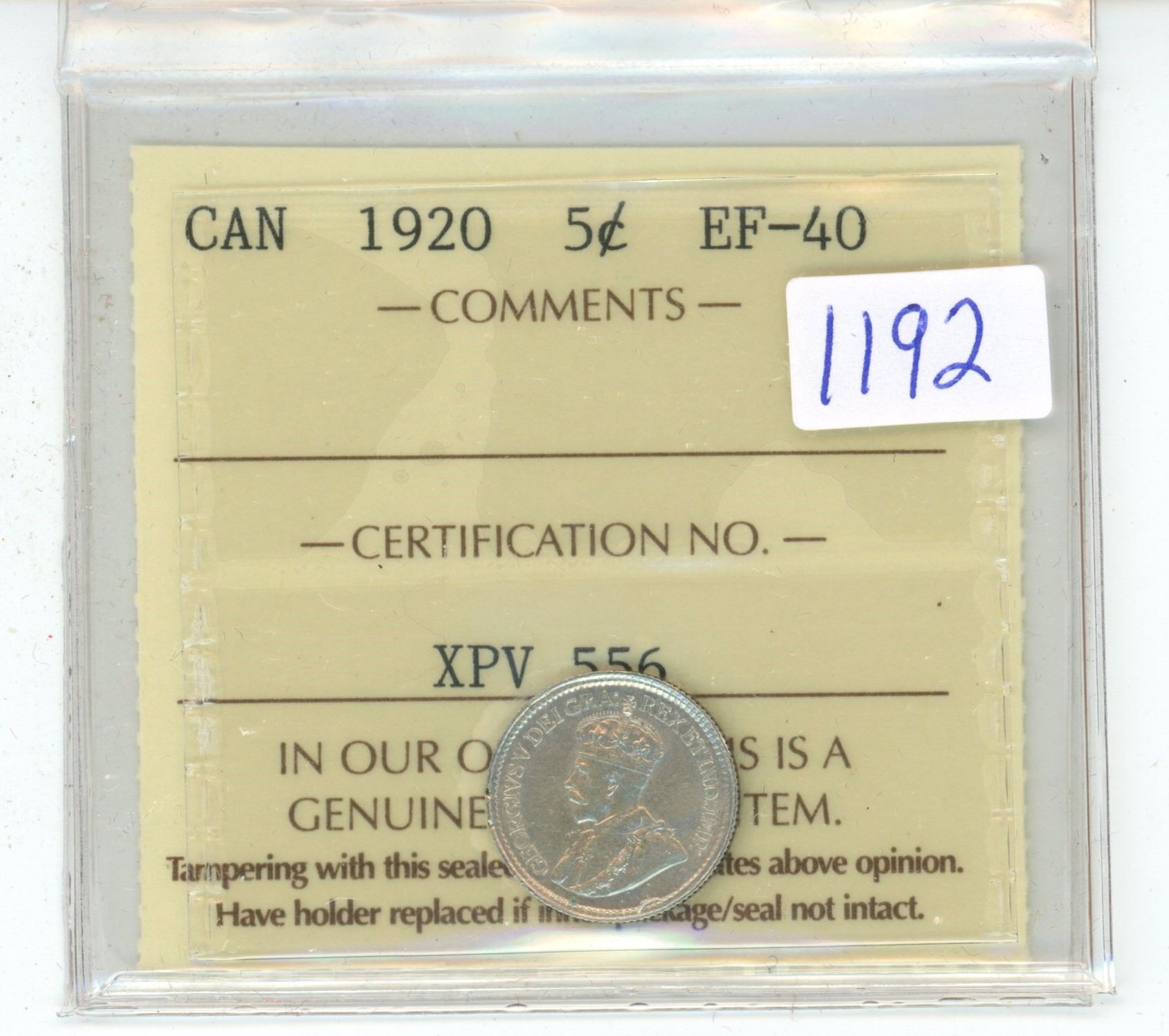 1920 ICCS Graded, Canadian 5 cent silver coin - EF40 - Schmalz Auctions