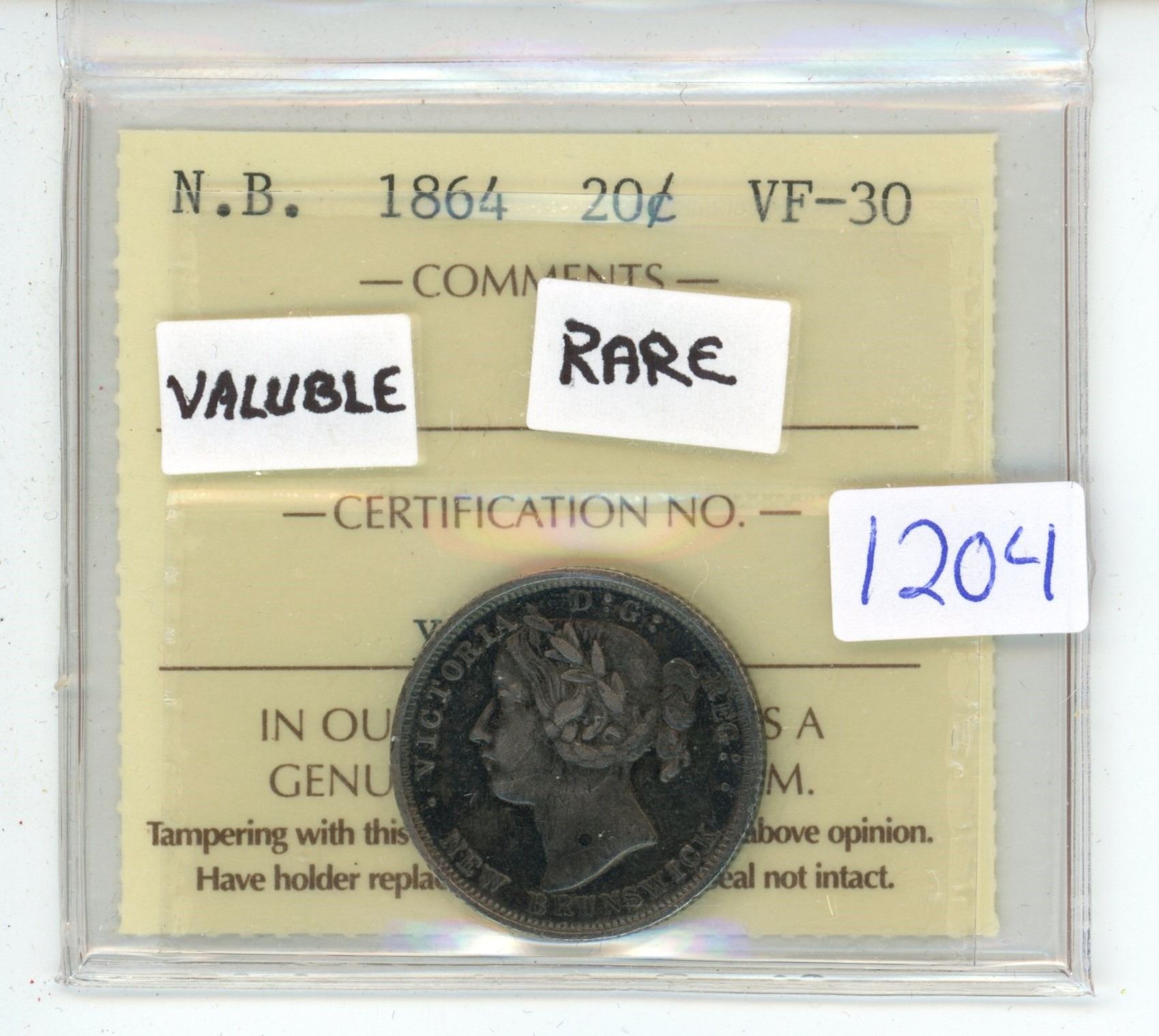 1864 ICCS Graded, New Brunswick, Canadian 20 cent silver coin - VF30 - RARE!! - Schmalz Auctions