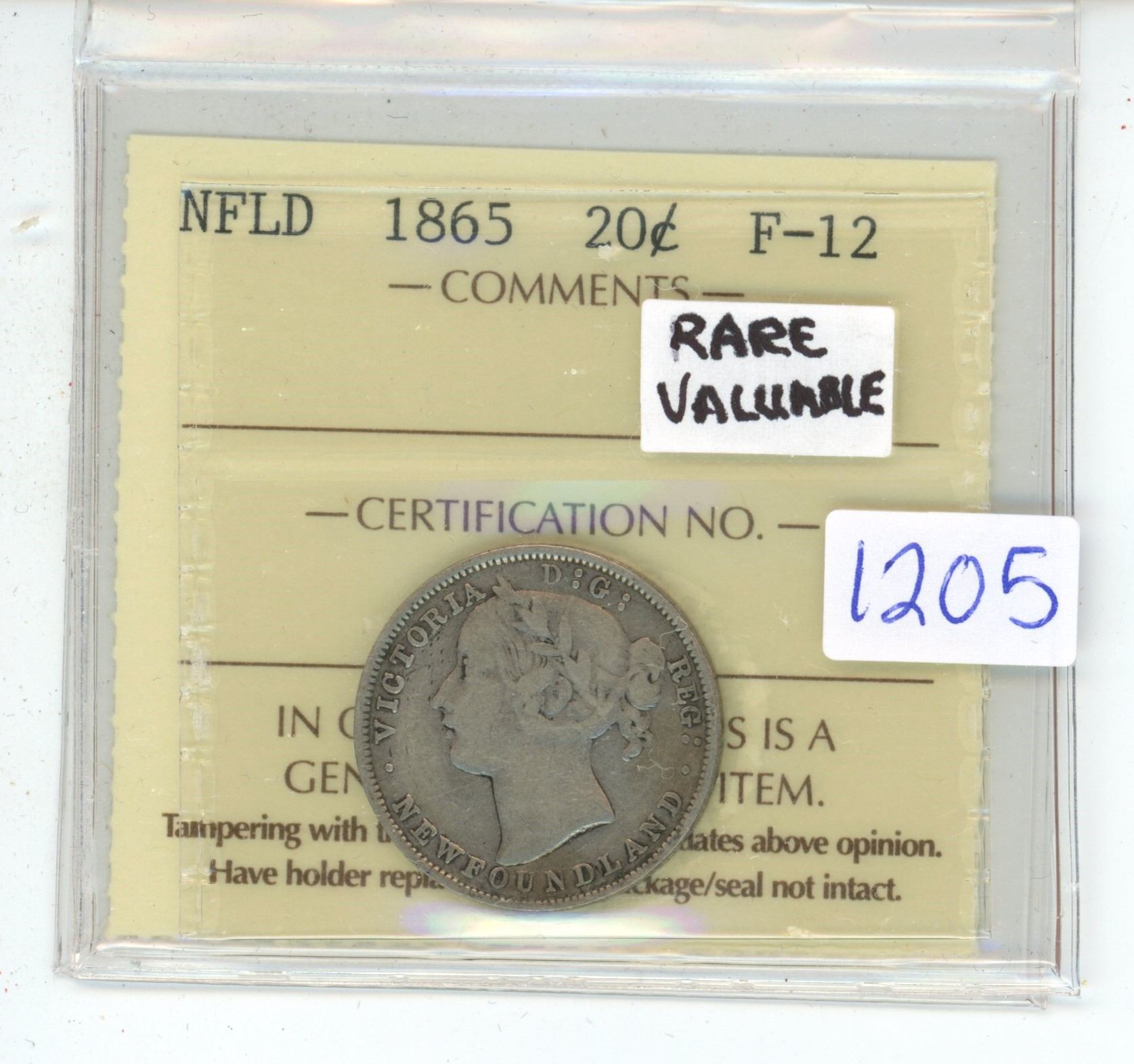 1865 ICCS Graded, Newfoundland, Canadian 20 cent silver coin - F12 - Schmalz Auctions