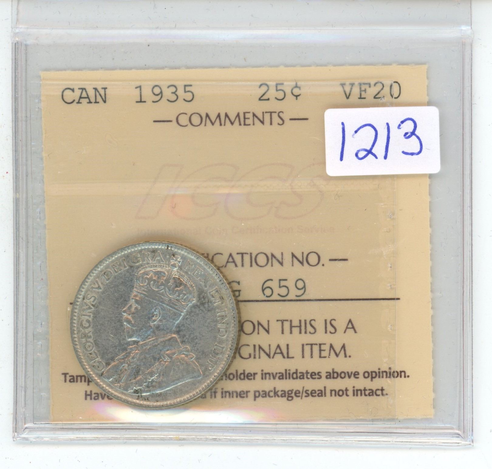 1935 ICCS Graded, Canadian 25 cent silver coin - VF20 - Schmalz Auctions