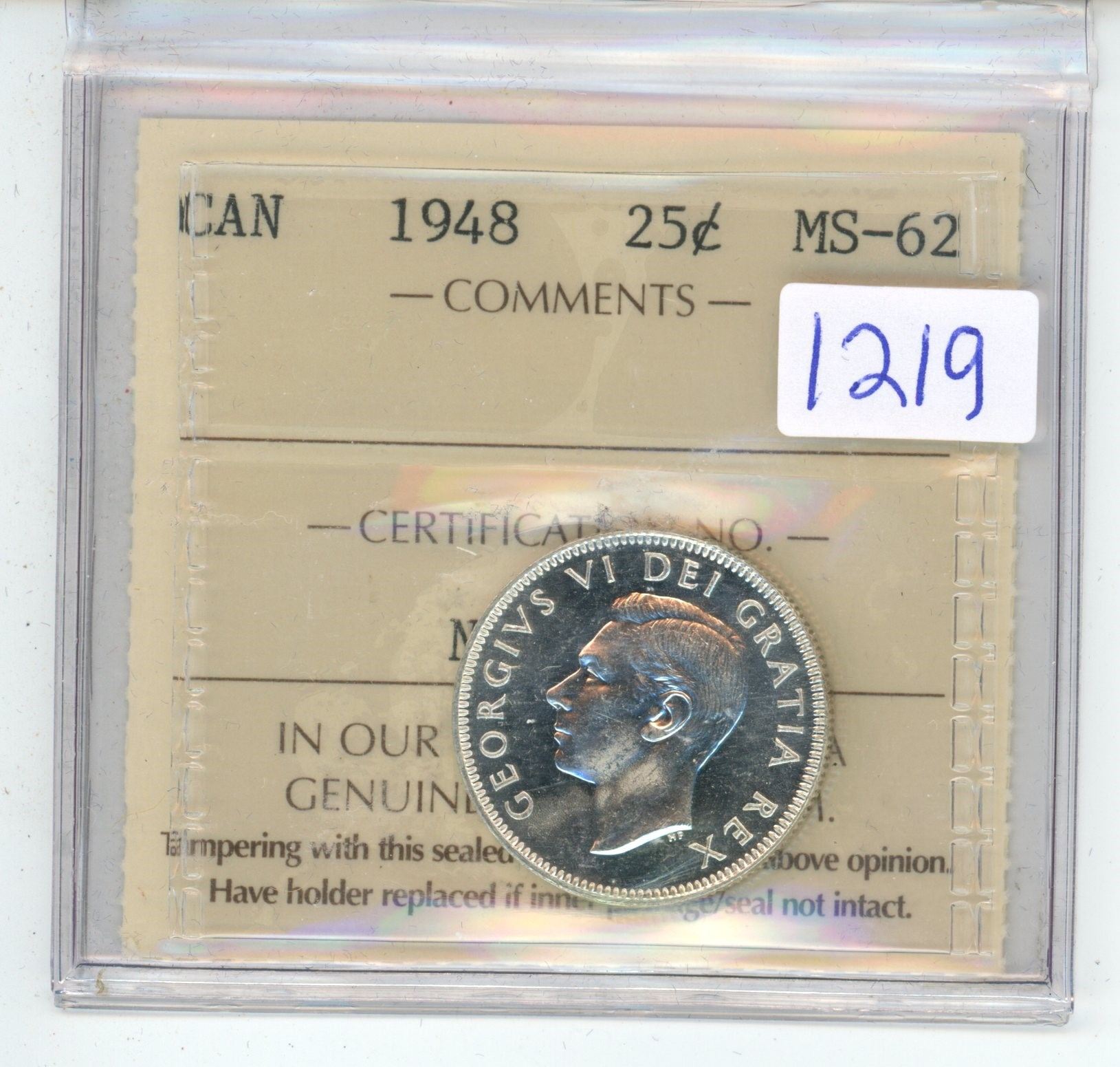 1948 ICCS Graded, Canadian 25 cent silver coin - MS62 - Schmalz Auctions
