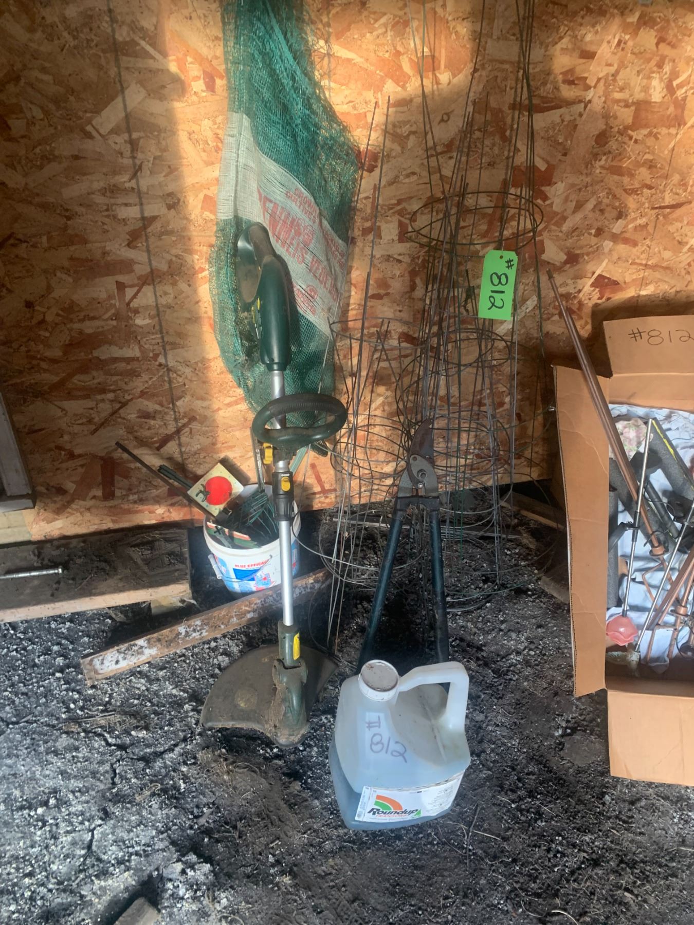 Round up, weed trimmer, cages, branch trimmer, rods