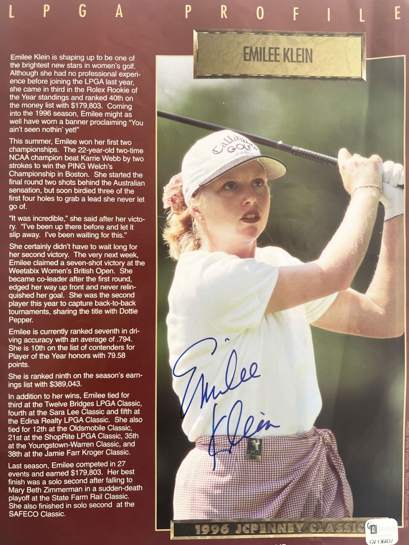 Emilee Klein signed 1996 JC Penney Classic LPGA profile