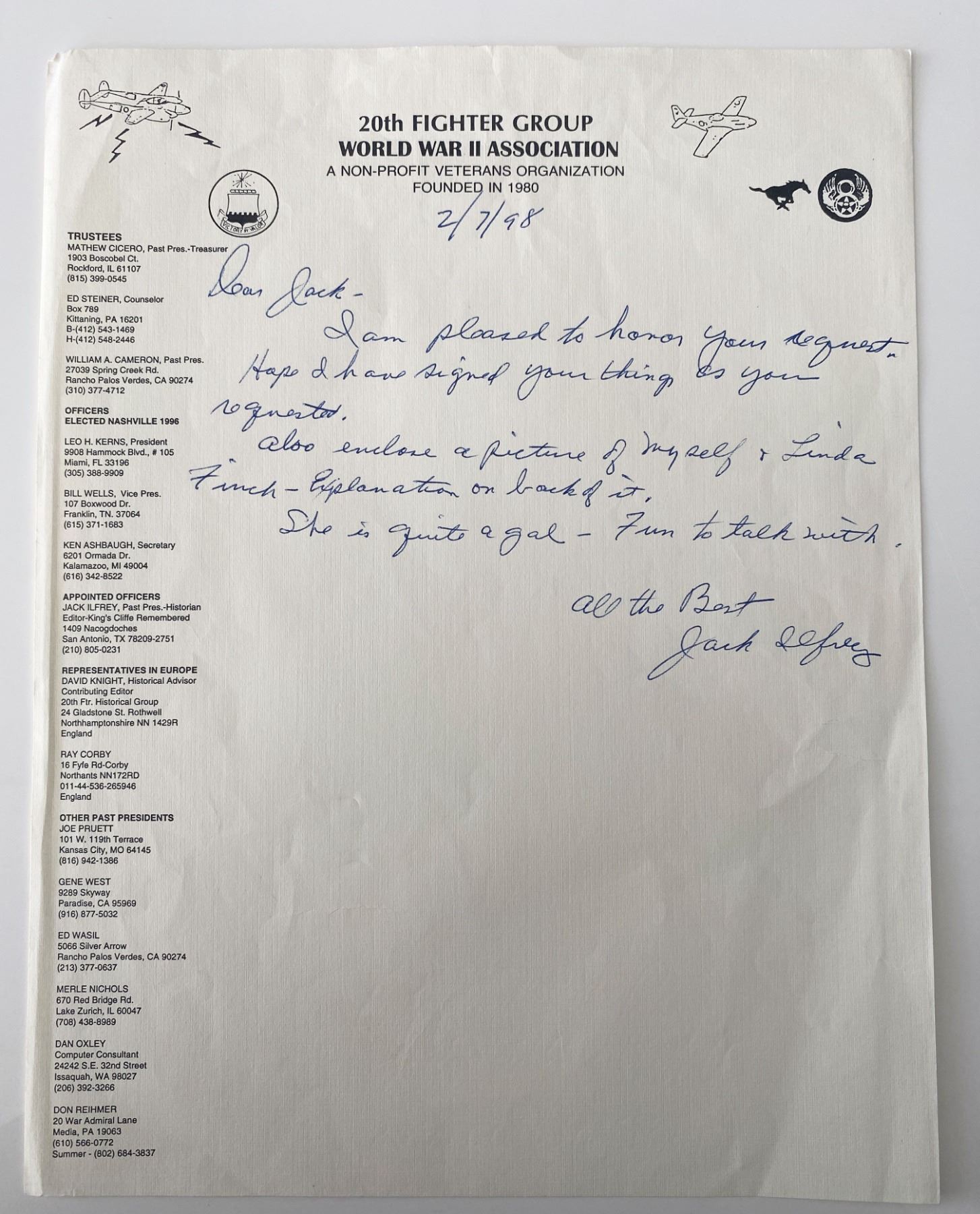 WWII 20th Fighter Group Jack M. Ilfrey signed sheet