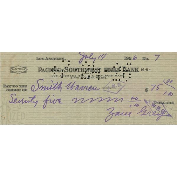 Zane Grey signed check