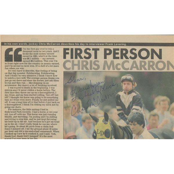 Chris McCarron signed newspaper clipping.