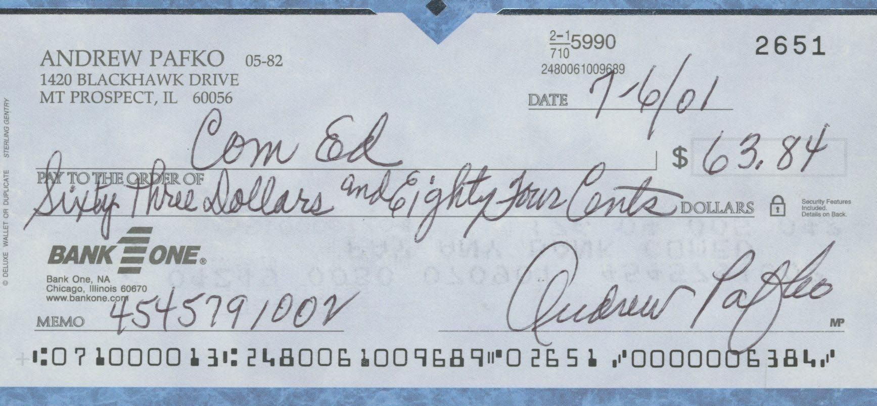 Andrew Pafko signed check