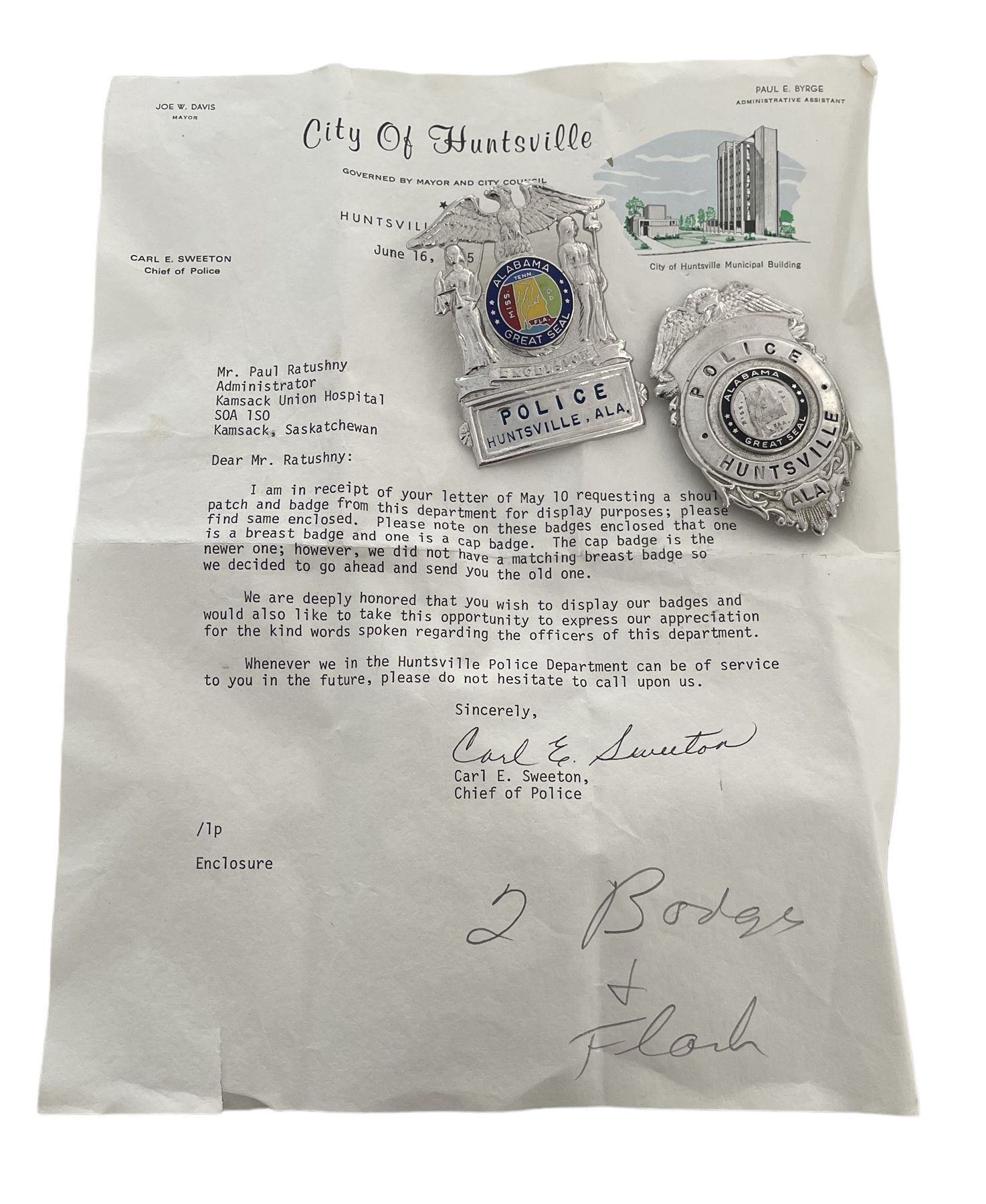 Huntsville Alabama Police Badge Lot with Letter from Chief of Police