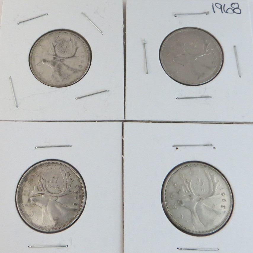 4 Canadian Silver Quarters 1968