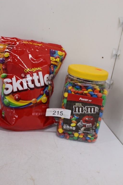 3 Lb bag of skittles, 3 Lb jar of M&Ms