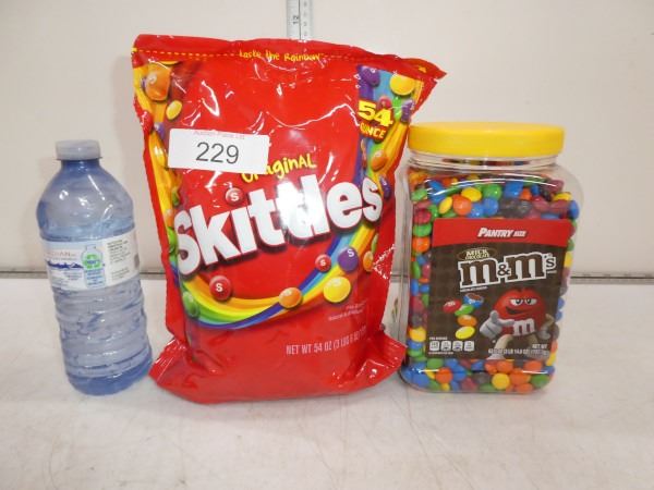 3 lb bag of skittles, 3 lb jar of M&Ms