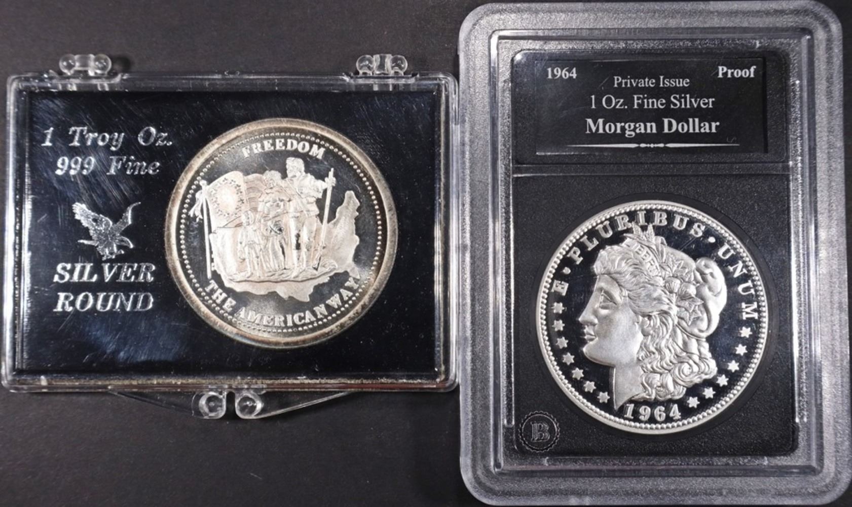 (2) 1 OZ .999 SILVER FREEDOM AND MORGAN ROUNDS