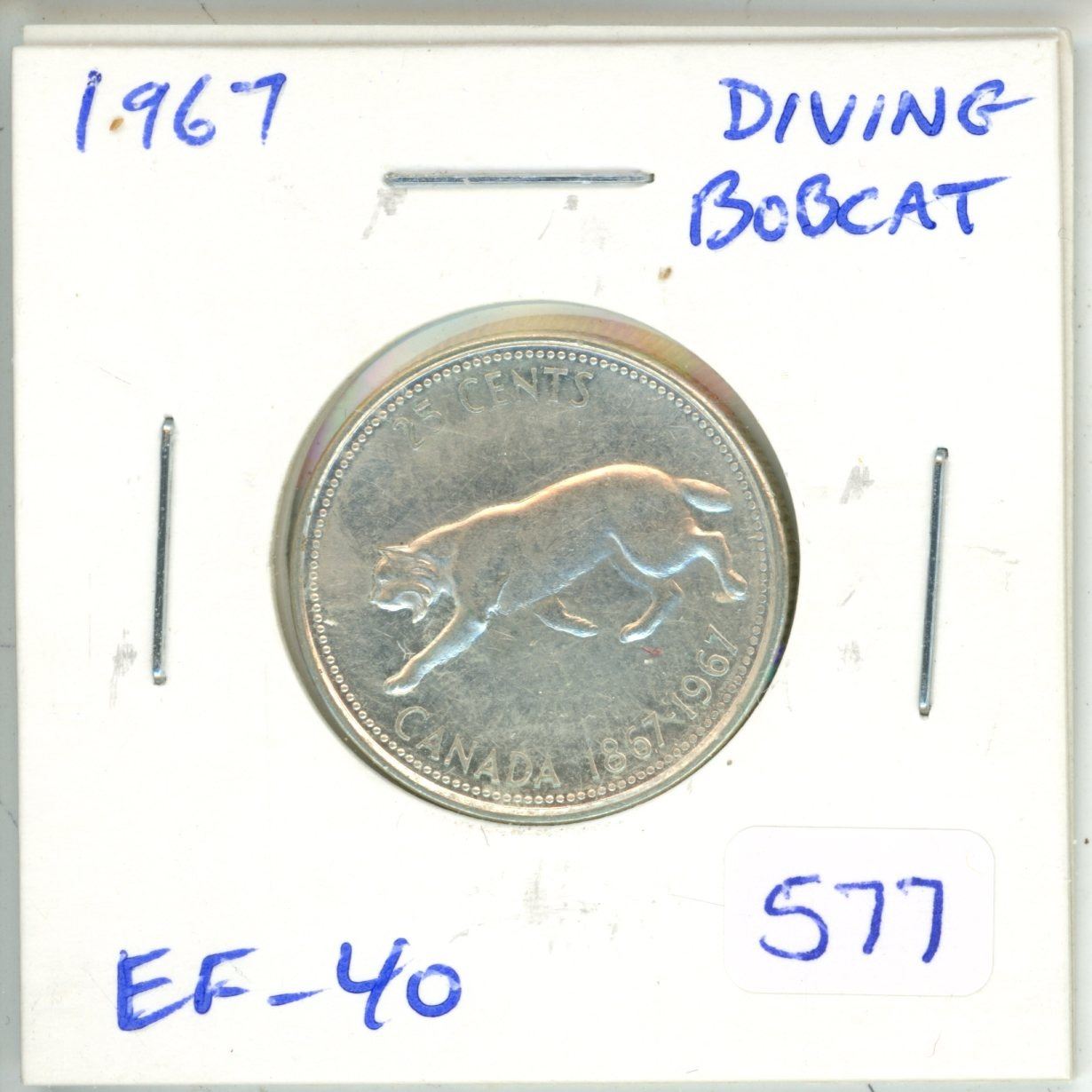 1967 Diving Bobcat Silver 25 Cents. Rotated Die. EF-40. - Schmalz Auctions