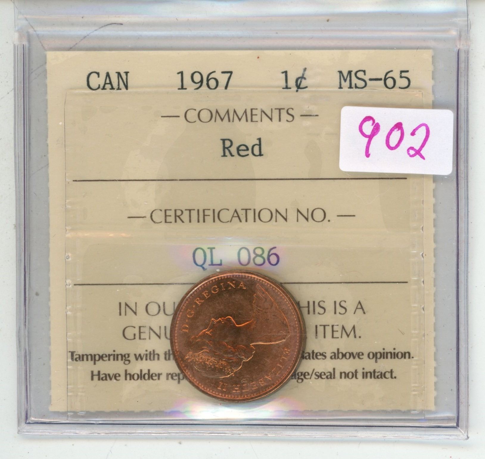 1967 ICCS graded, Canadian Centennial "Dove" 1 cent penny coin - MS65 - Schmalz Auctions