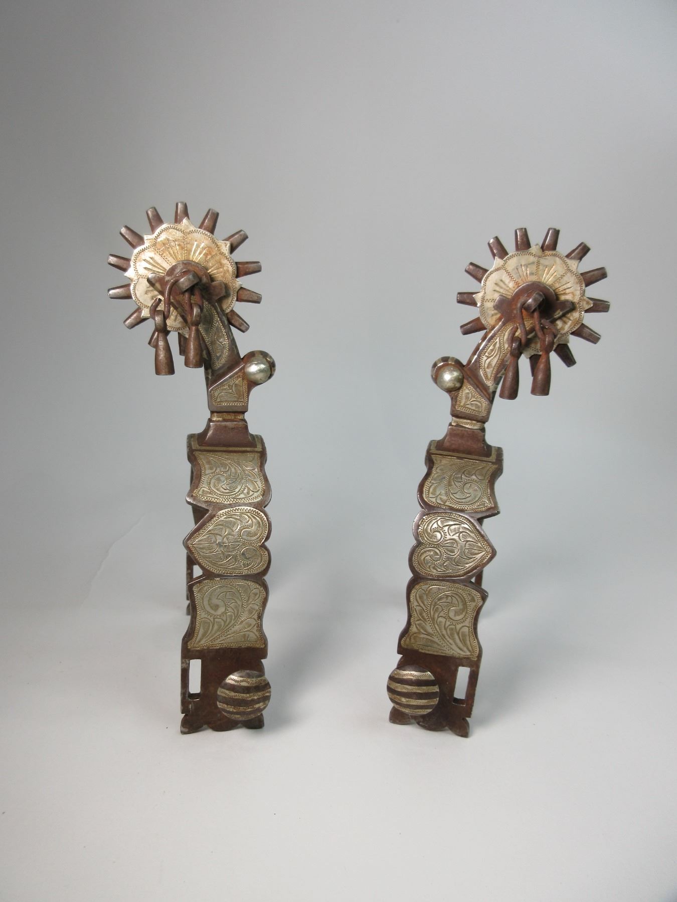 Marked Garza Silver Inlaid Spurs- 1.1" Bands- 2.5" Shanks- 2" 14 Point ...