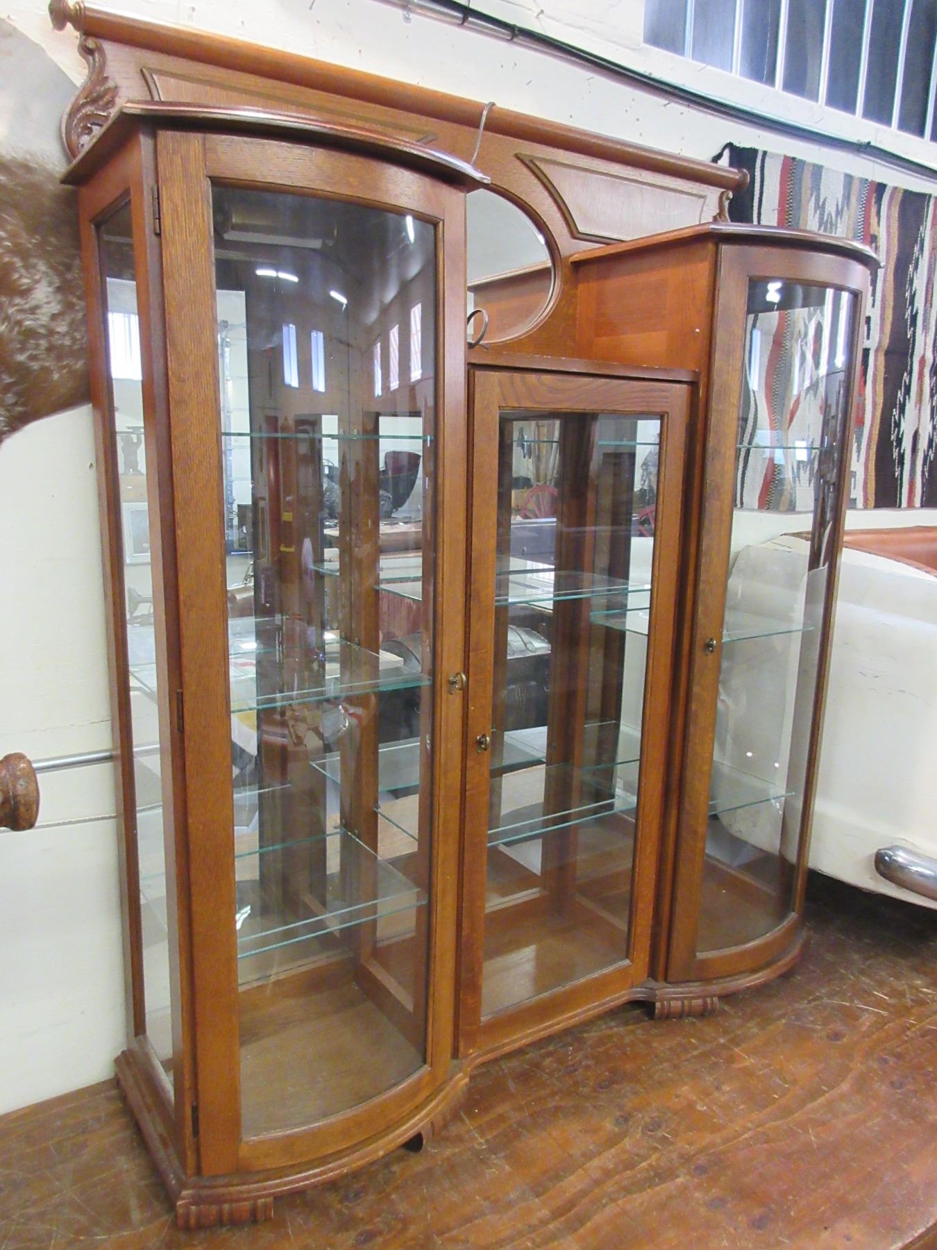 Lighted Oak Double Curved Glass China Hutch With Beveled Mirror- Glass ...