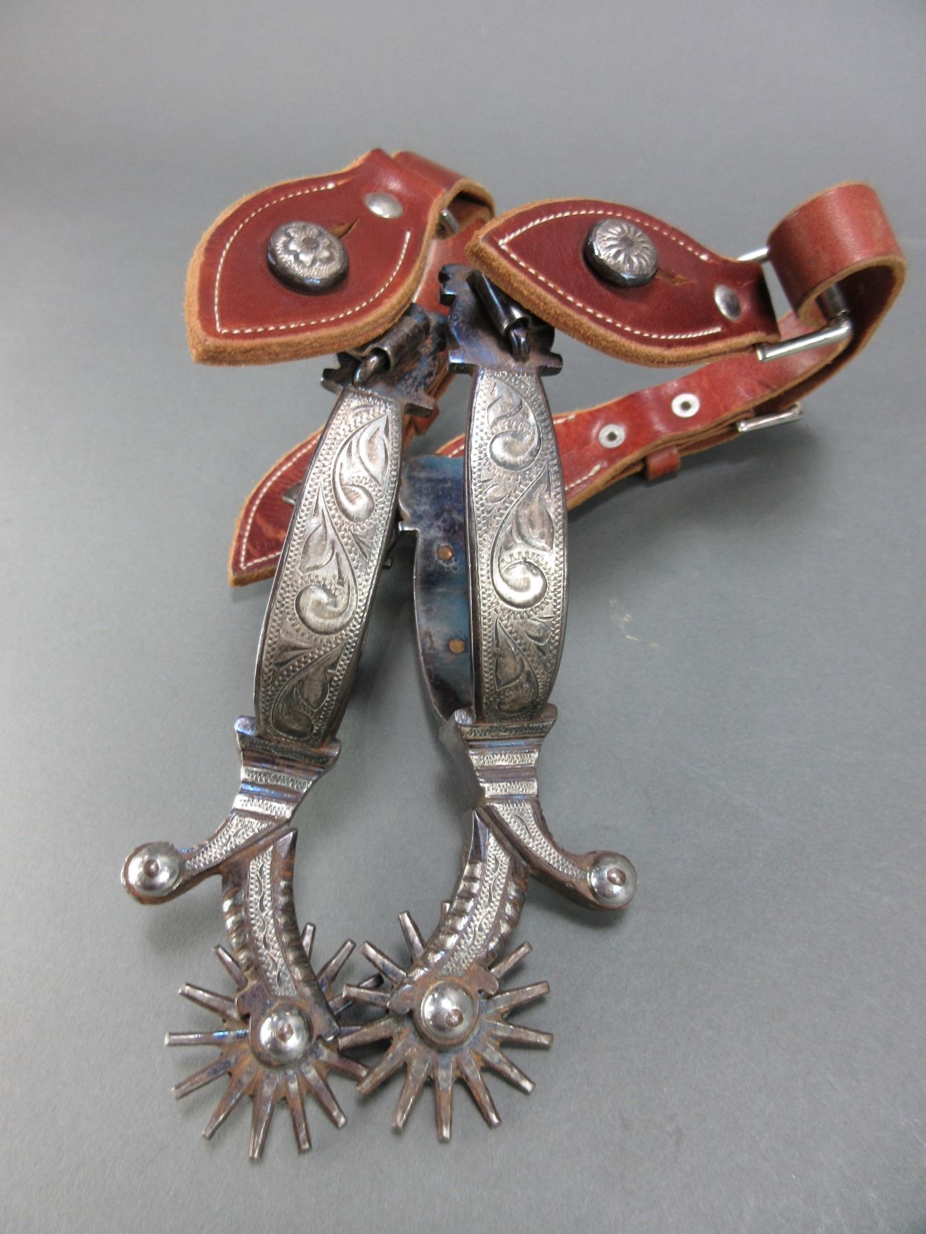 Unmarked Double Mounted Silver Overlaid Spurs- Jello Molds- .8" Bands ...