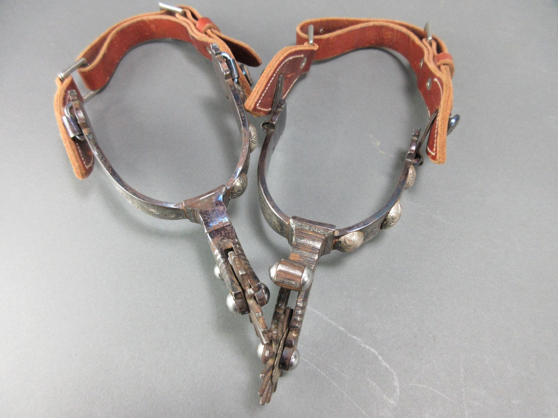 Unmarked Double Mounted Silver Overlaid Spurs- Jello Molds- .8" Bands ...
