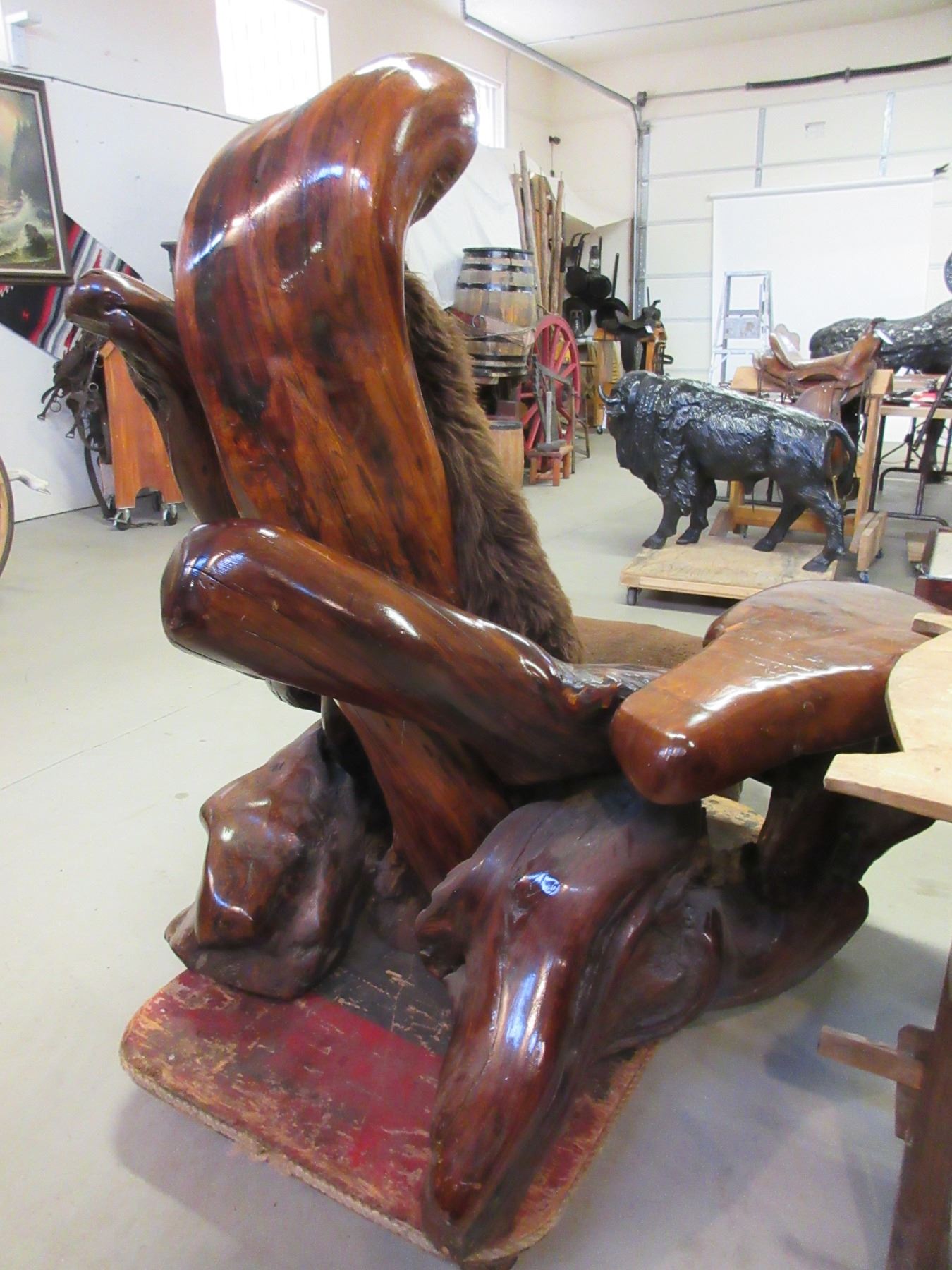 Large Burl Wood Chair With Footstool- Covered With Buffalo Hide- Some ...