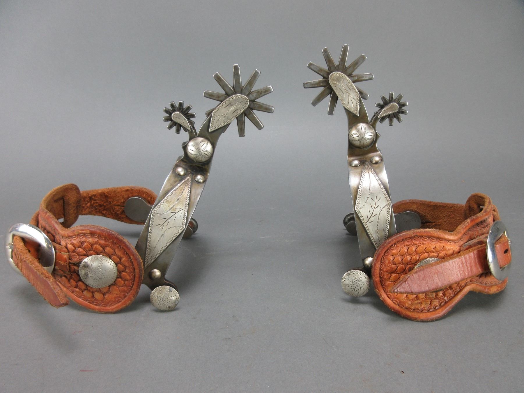 Marked Rocking W Double Mounted Silver Overlaid Spurs With Cheyenne ...