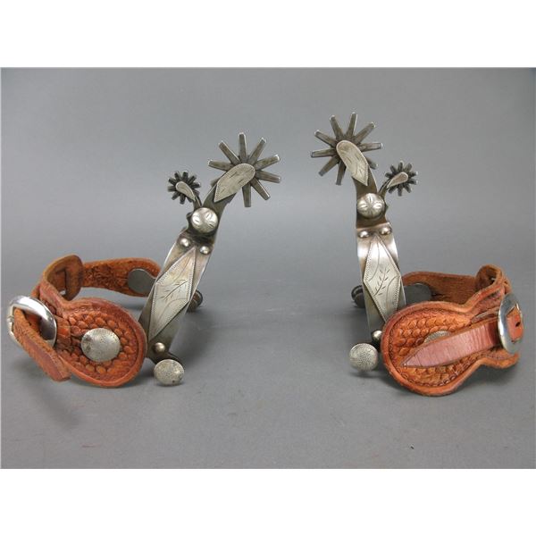 Marked Rocking W Double Mounted Silver Overlaid Spurs With Cheyenne ...