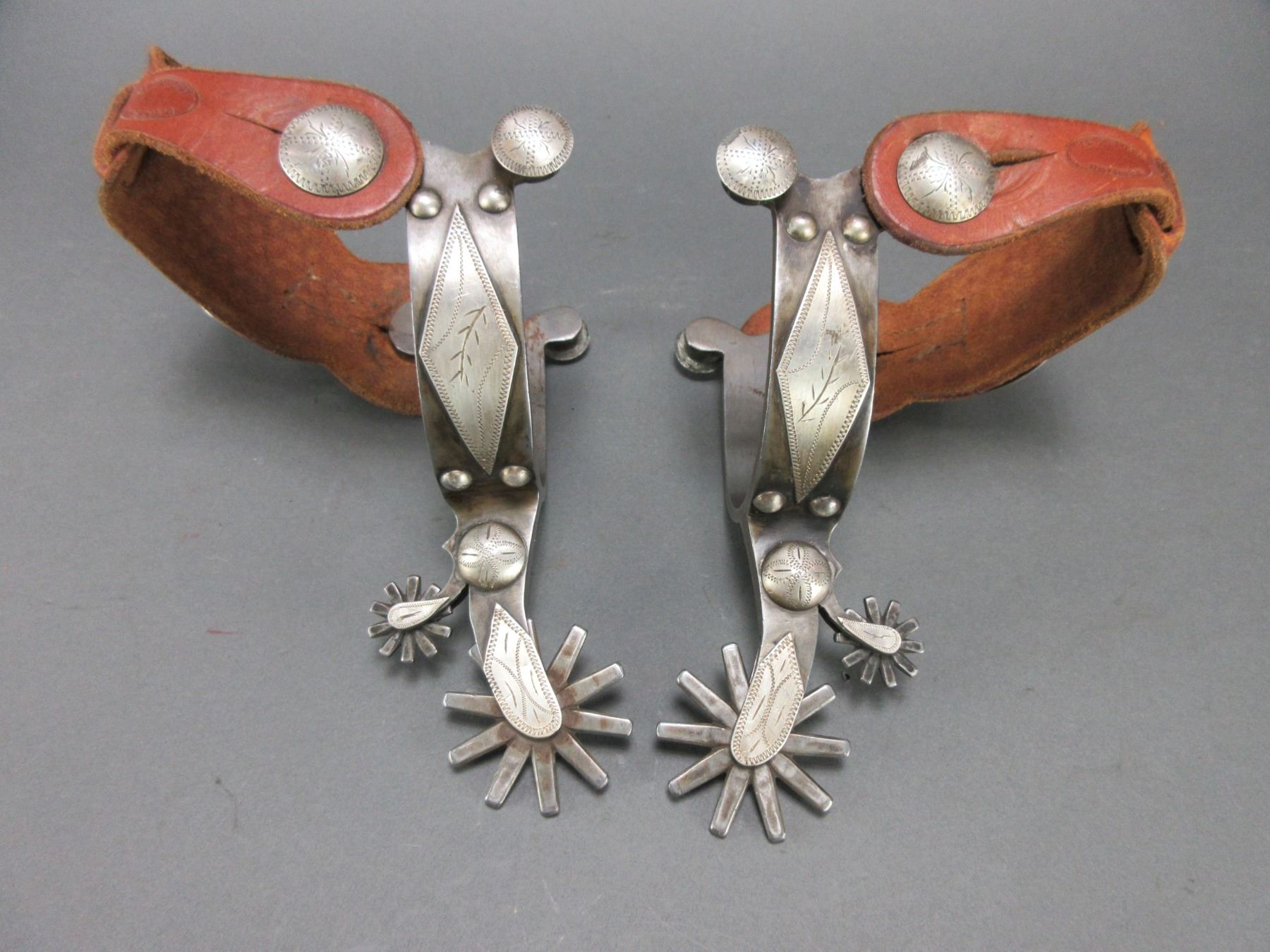 Marked Rocking W Double Mounted Silver Overlaid Spurs With Cheyenne ...