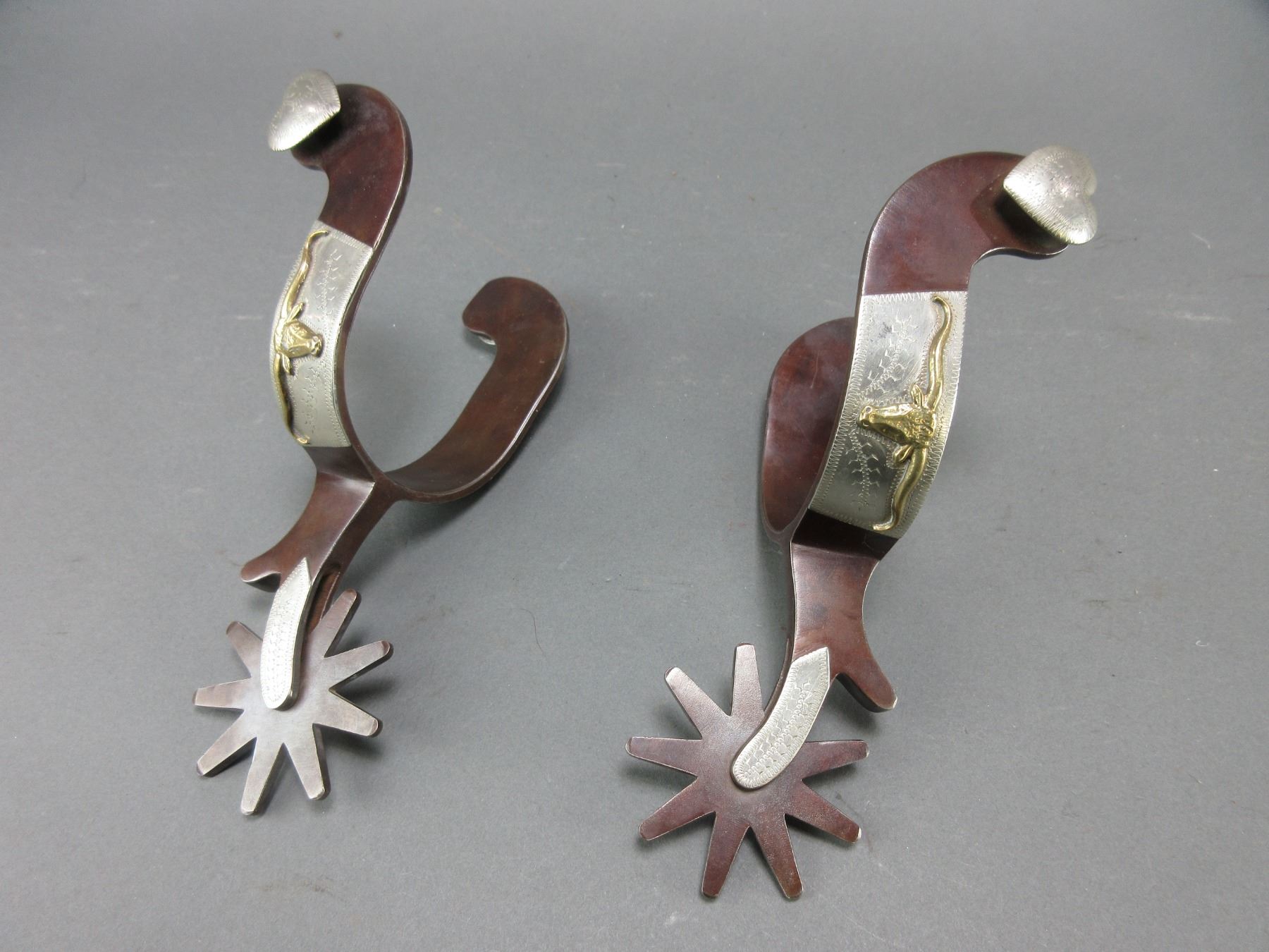 Marked Pierce Silver And Copper Overlaid Double Mounted Spurs- 1" Bands ...