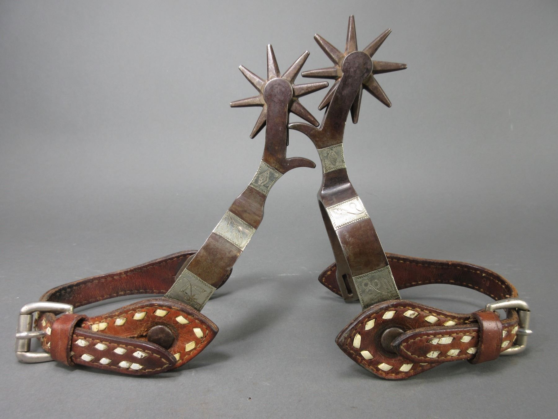 Unmarked Silver Overlaid Prison Spurs- .9" Bands 3" Drop Shanks- 2.5" 8 ...