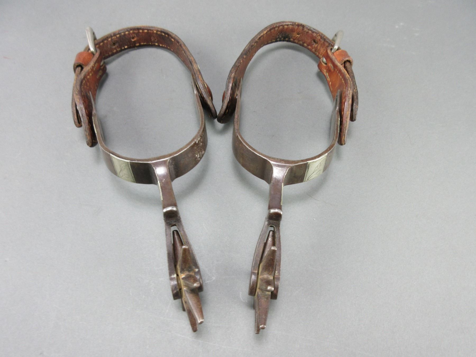 Unmarked Silver Overlaid Prison Spurs- .9" Bands 3" Drop Shanks- 2.5" 8 ...