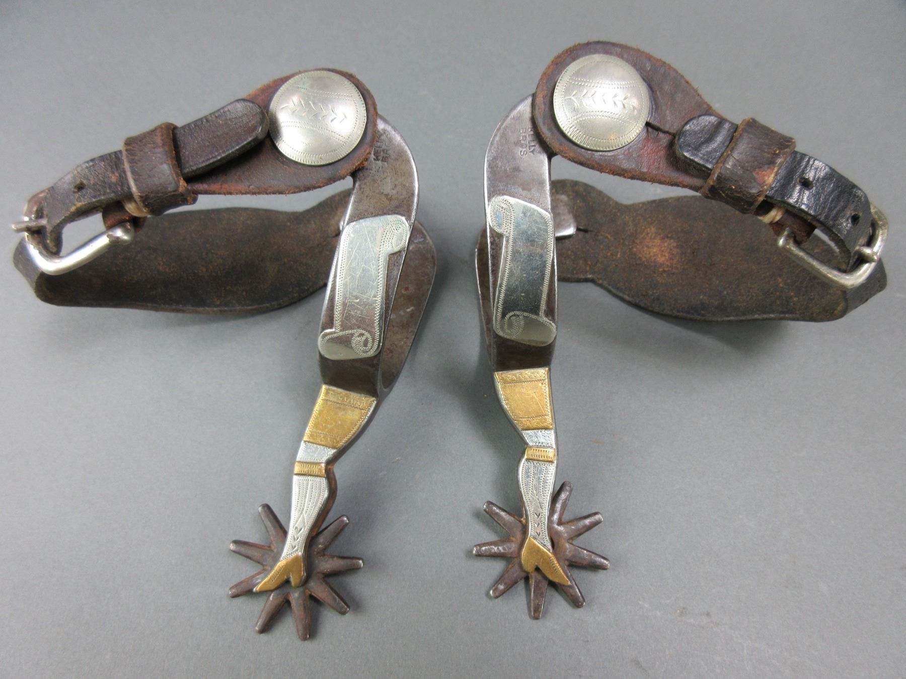 Marked Kelly Bros Silver And Brass Overlaid Lady Leg Spurs- .75" Bands ...
