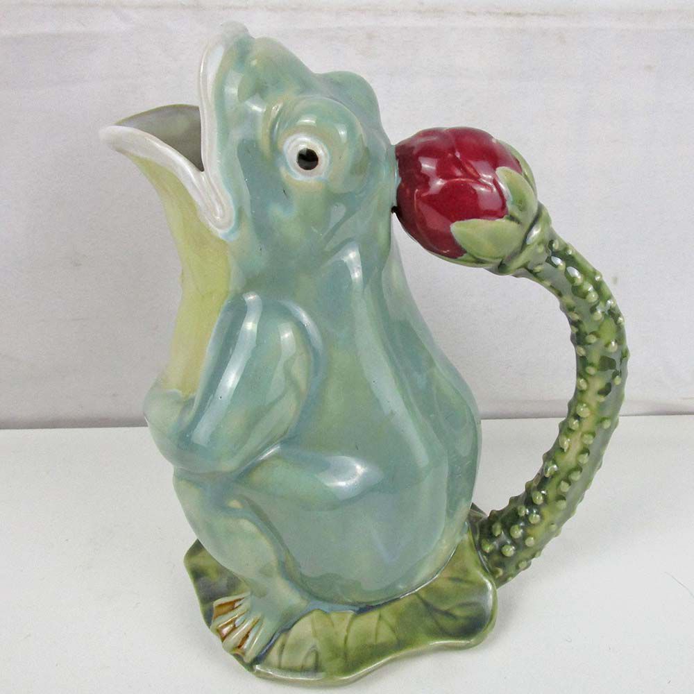 Majolica Vintage Ceramic Pottery Frog Pitcher 9" Tall