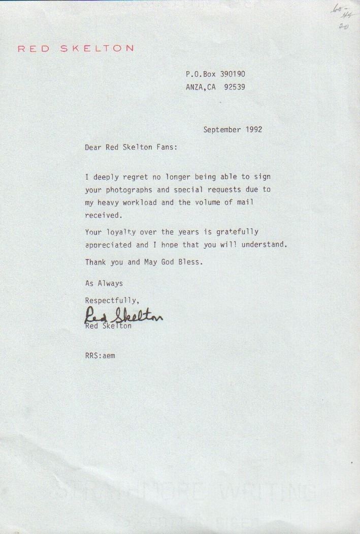 Red Skelton signed typed letter