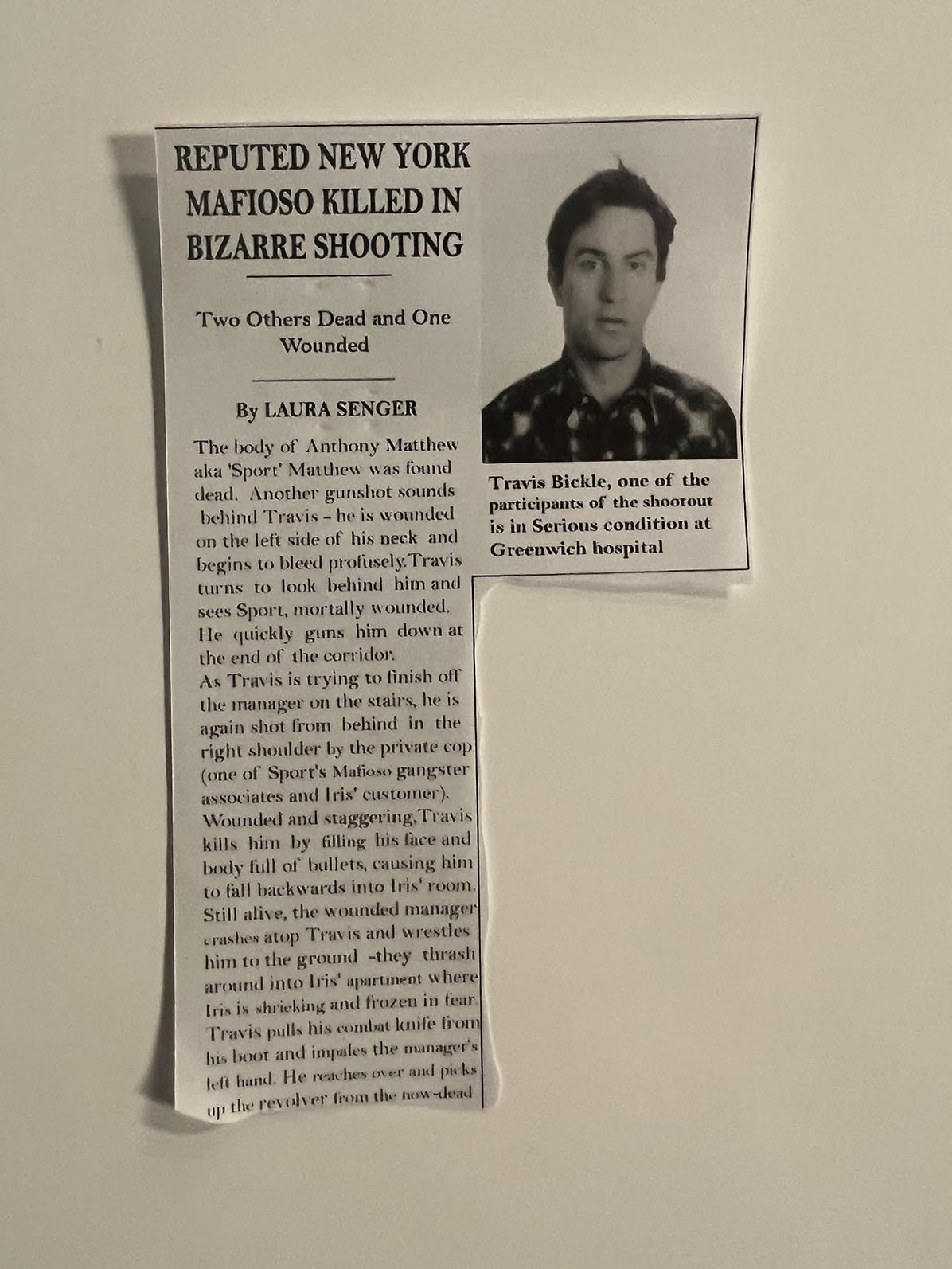 Taxi Driver Matthew "Sport" Higgins prop newspaper clipping