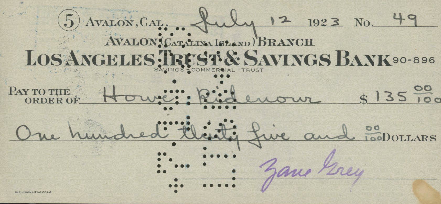 Zane Grey signed check