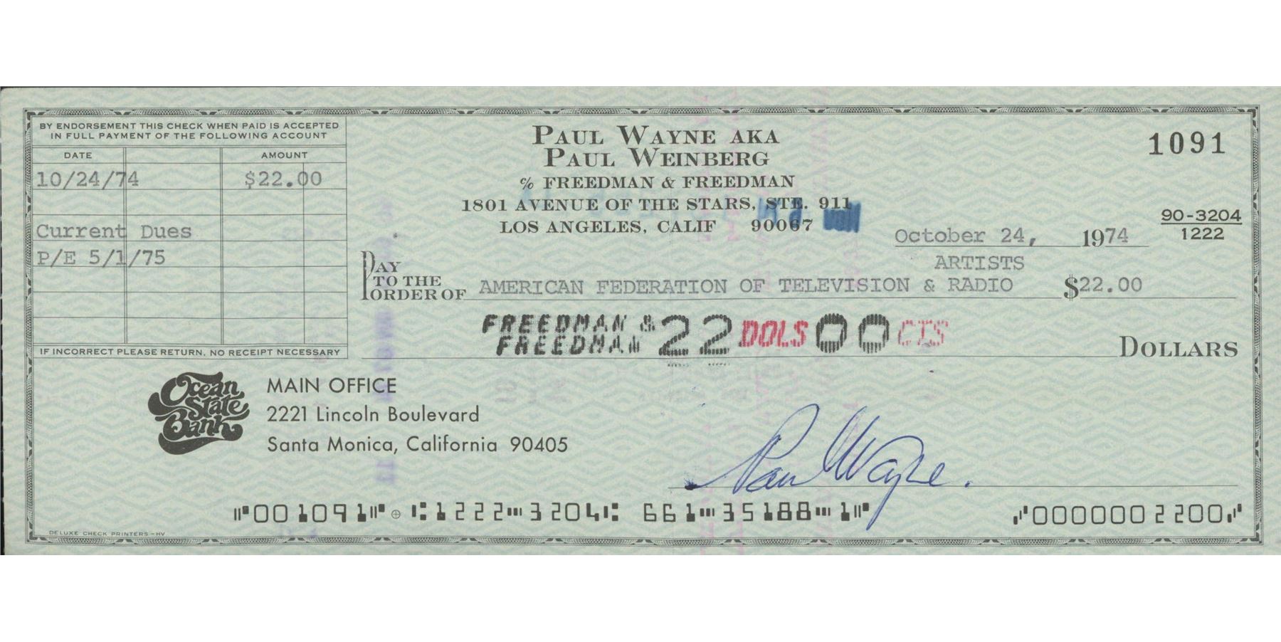 Paul Wayne signed check