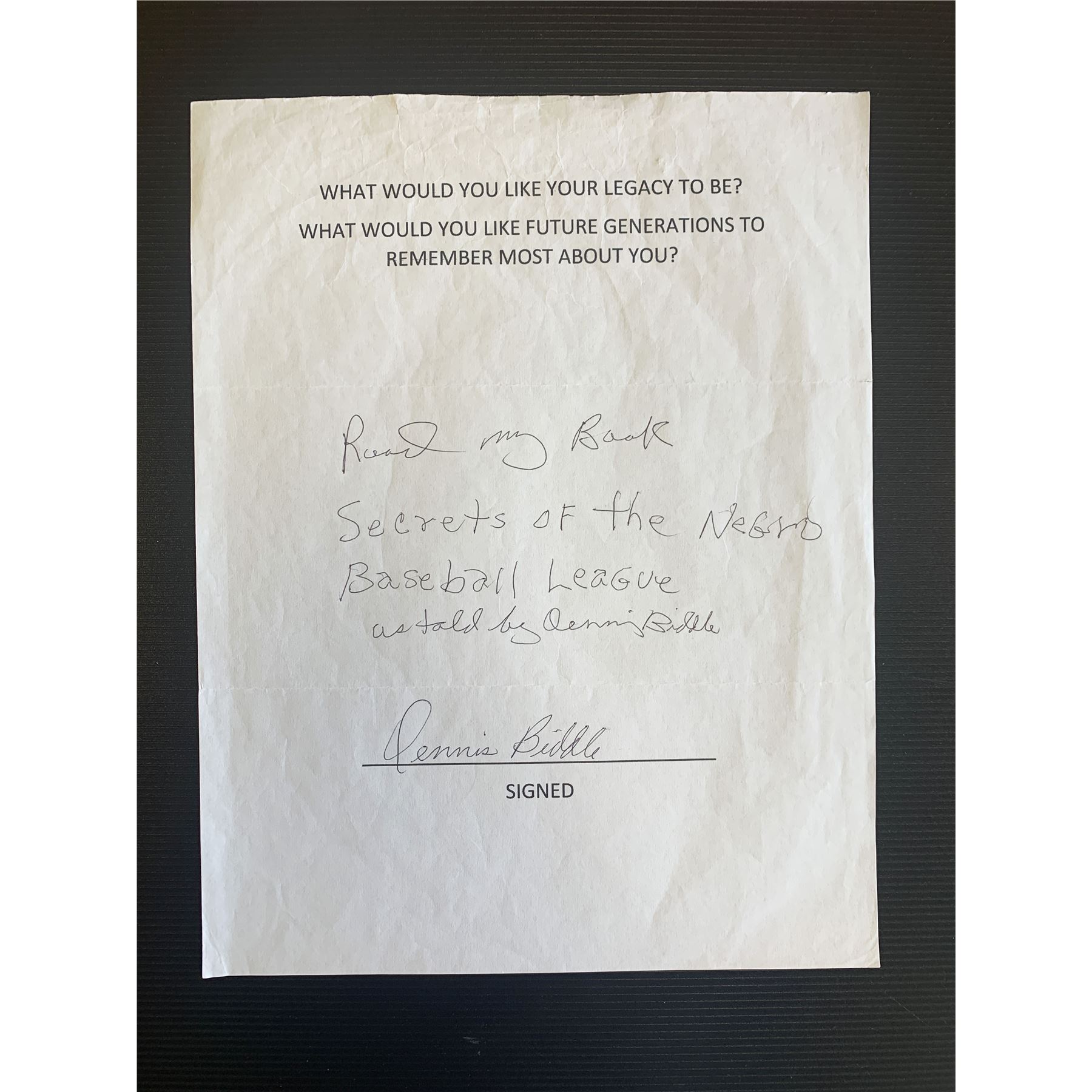 Dennis Biddle Signed Note