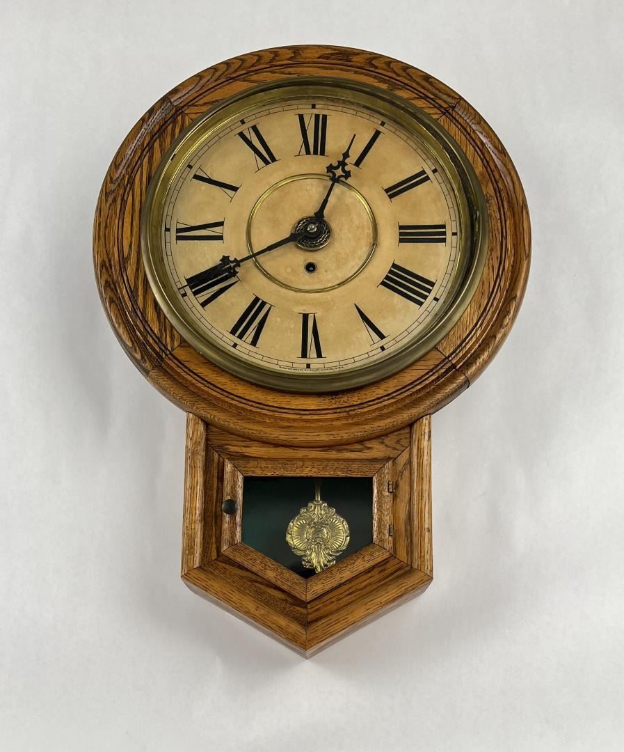 Antique Oak Waterbury Round Head Drop Wall Clock